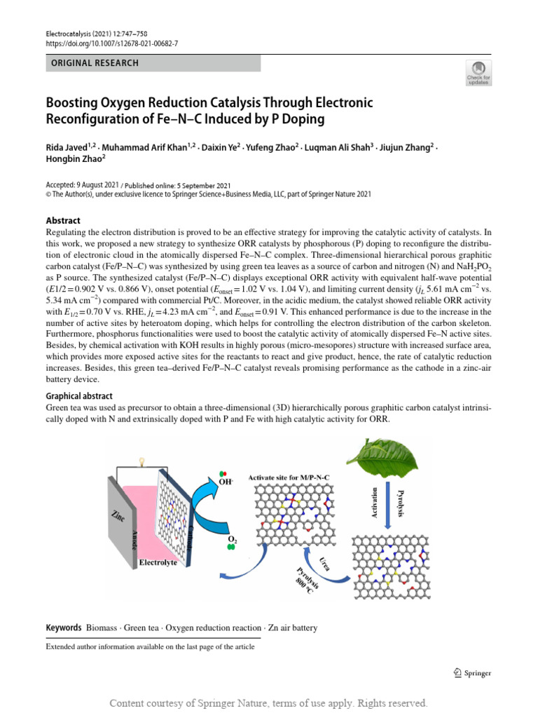 Boosting Oxygen Reduction Catalysis Through Electr | PDF | Catalysis | Iron