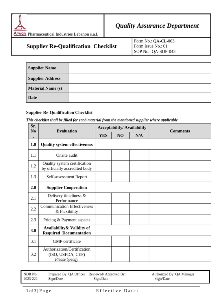 7-Supplier Re-Qualification Checklist | PDF | Evaluation | Service ...