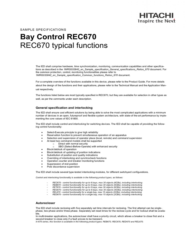 1MRG033840 - en - D - Sample Specification, Bay Control REC670 | PDF ...