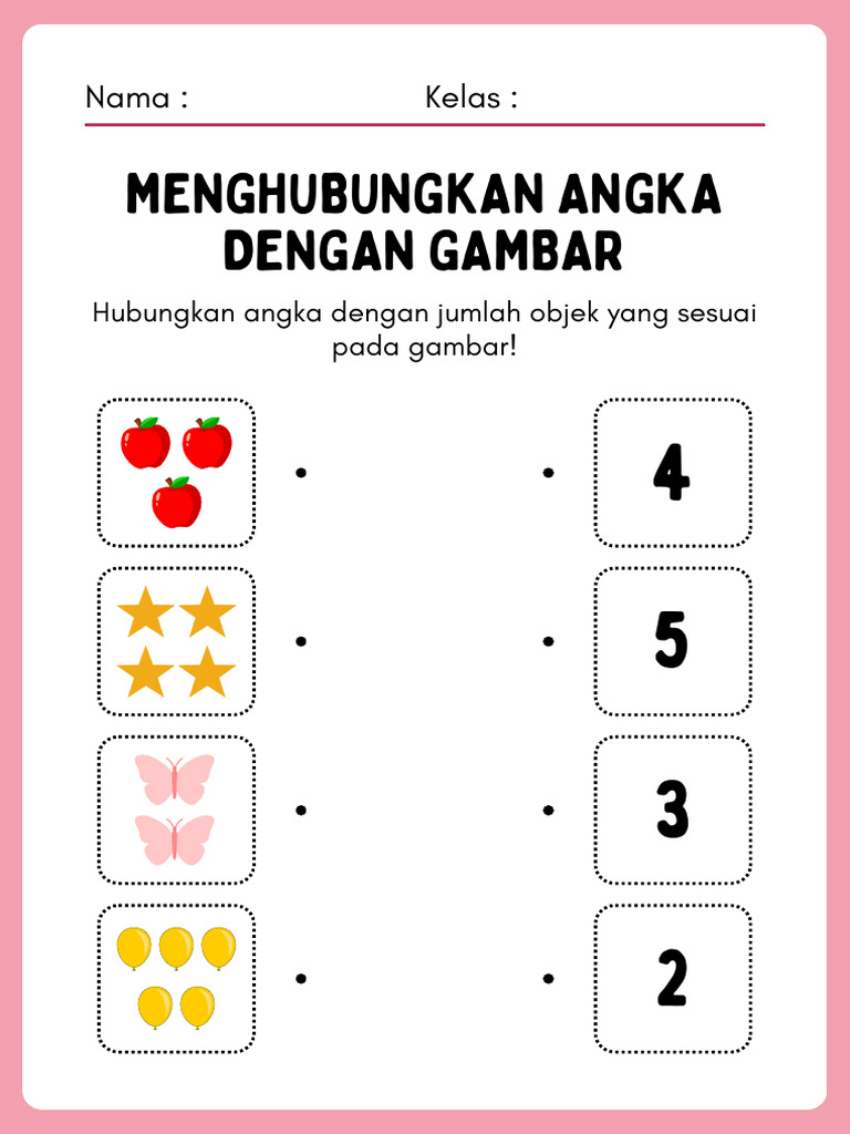 Pink Putih Lembar Kerja Menghubungkan Angka Dengan Gambar | PDF