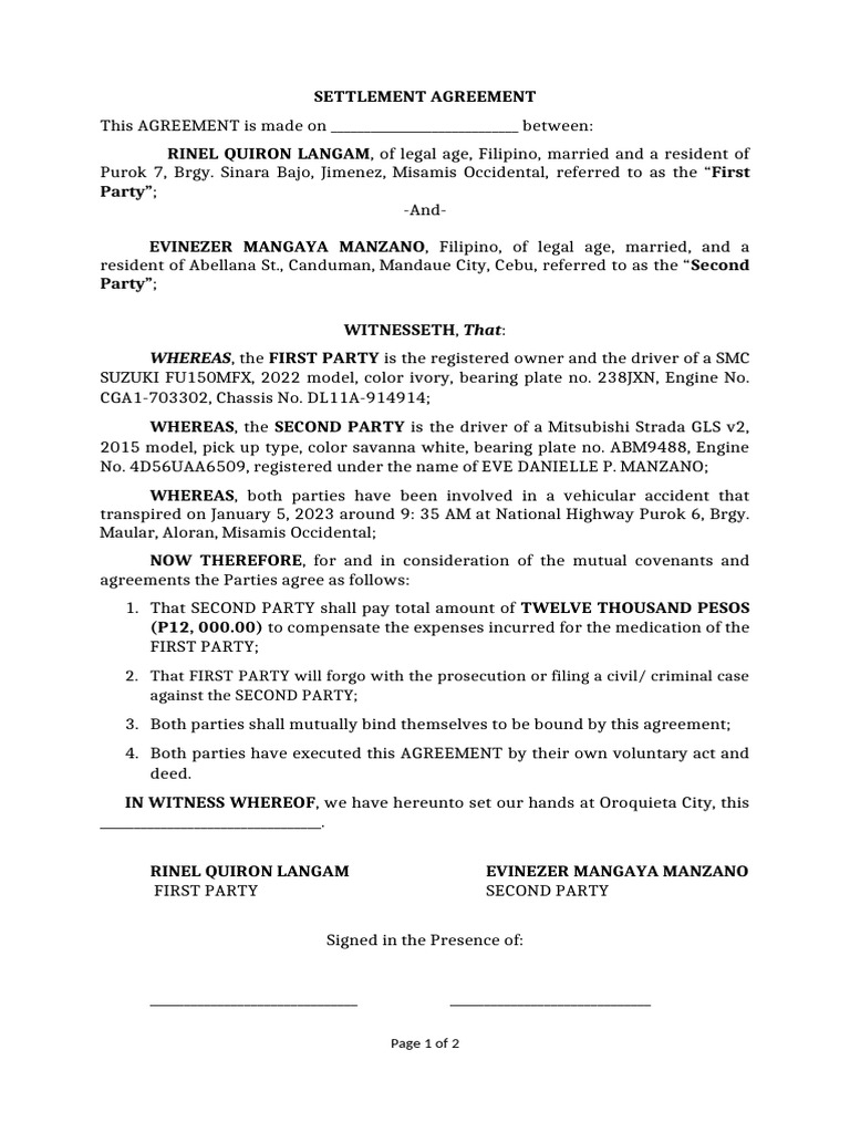 Settlement Agreement | PDF | Civil Law (Common Law) | Justice