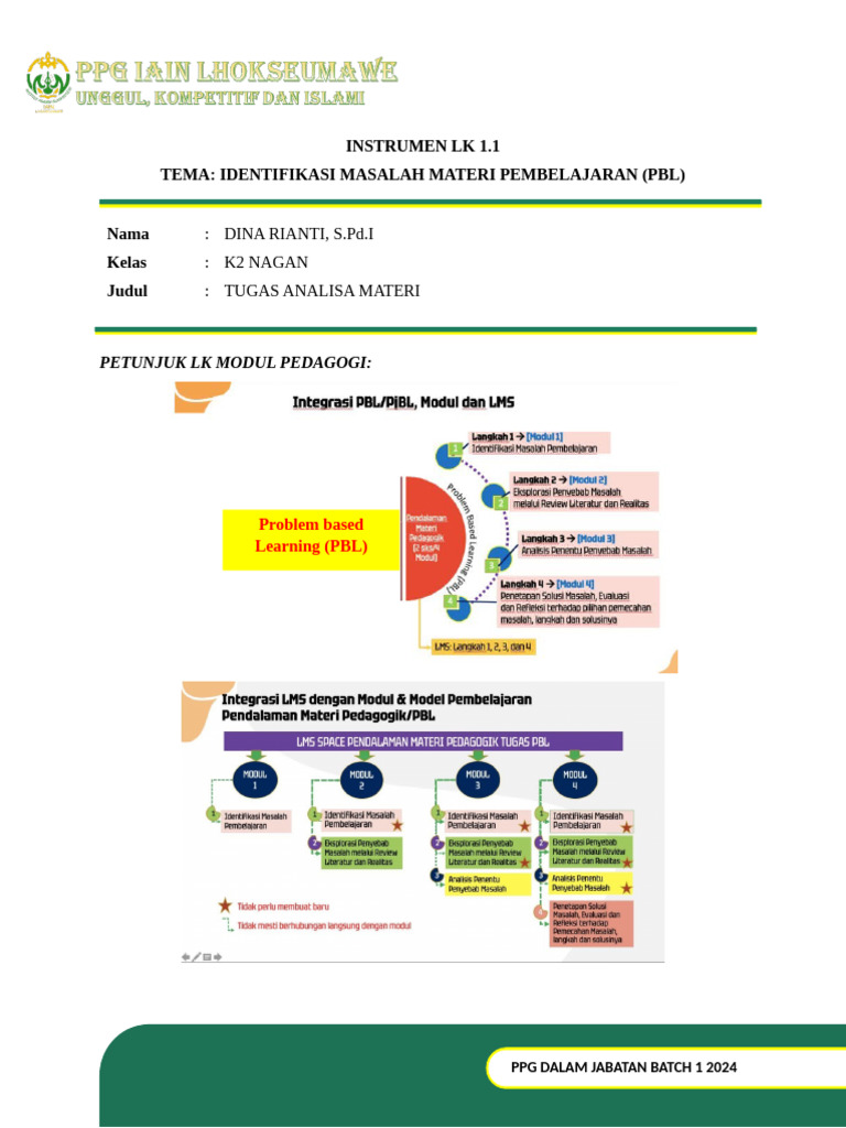 Instrumen LK 1.1 - Identifikasi Masalah Pembelajaran (MODUL PEDAGOGI 1 - PBL) K1 | PDF