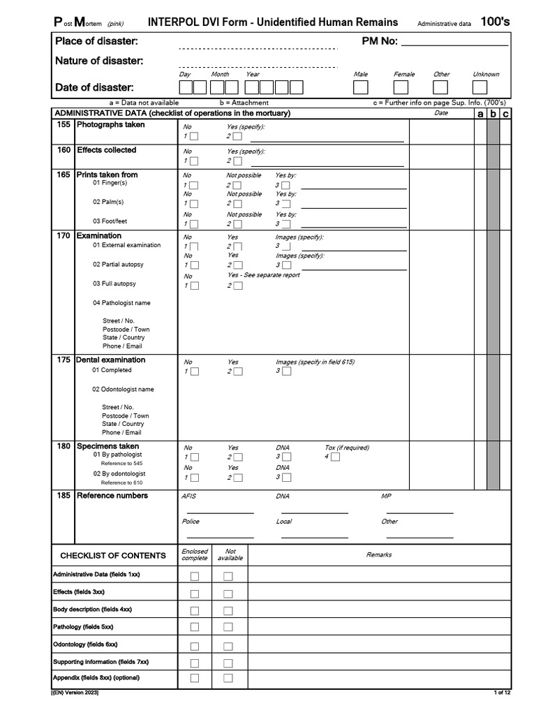 Post Mortem Pink INTERPOL DVI Form Unidentified Human Remains | PDF ...