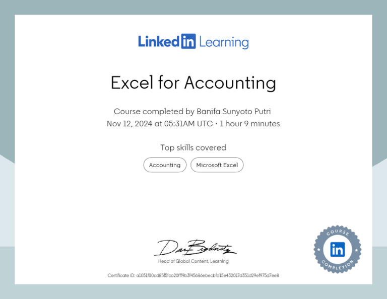 CertificateOfCompletion - Excel For Accounting | PDF