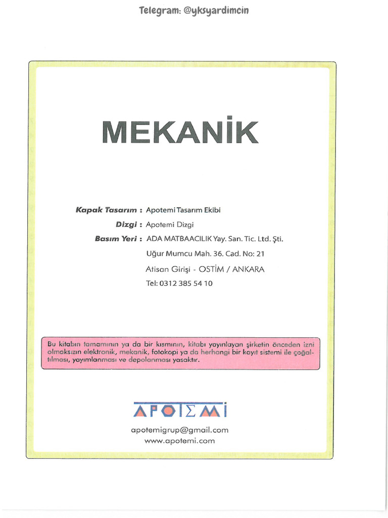 Apotemi Yayınları - TYT - AYT Fizik - Mekanik Soru Bankası | PDF