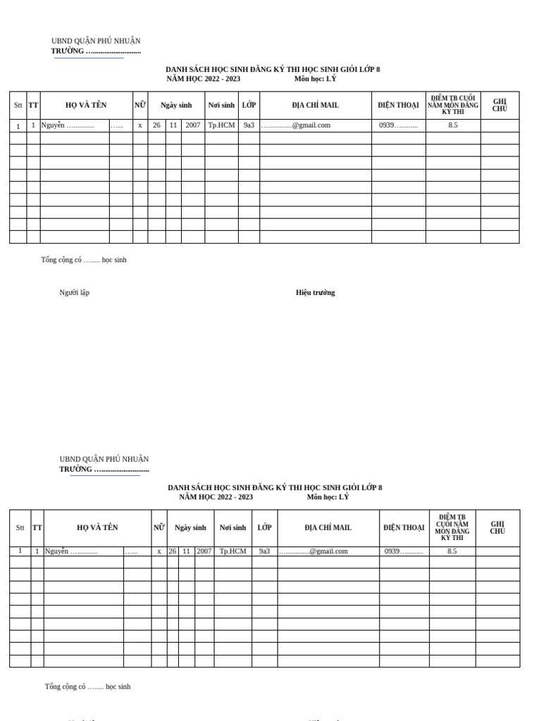 Mẫu đăng ký thi HSG | PDF