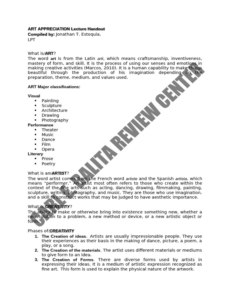 ART APPRECIATION Lecture Handout - 2023 | PDF | Paint | Paintings