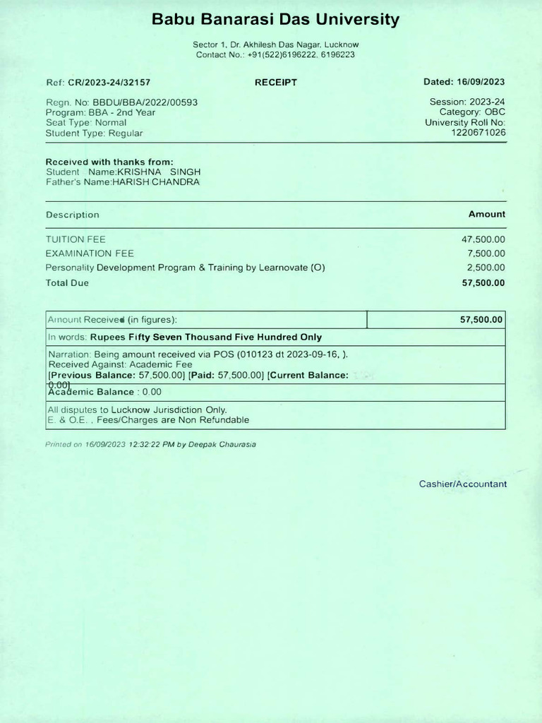 BBA 2nd Year Fee Receipt for Krishna Singh | PDF