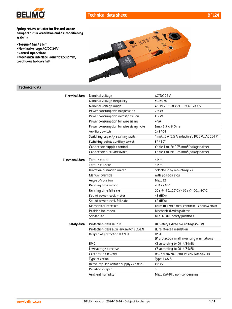 Belimo BFL24 Actuator Data Sheet | PDF | Electric Motor | Alternating ...