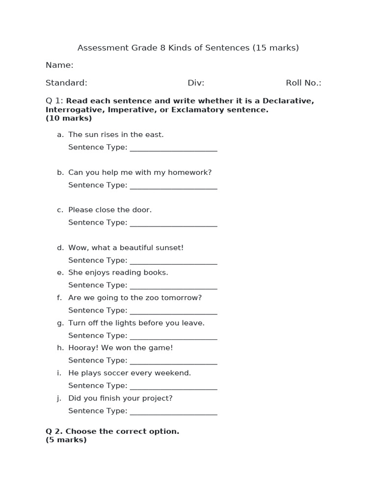 Grade 8 Sentence Types Quiz | PDF