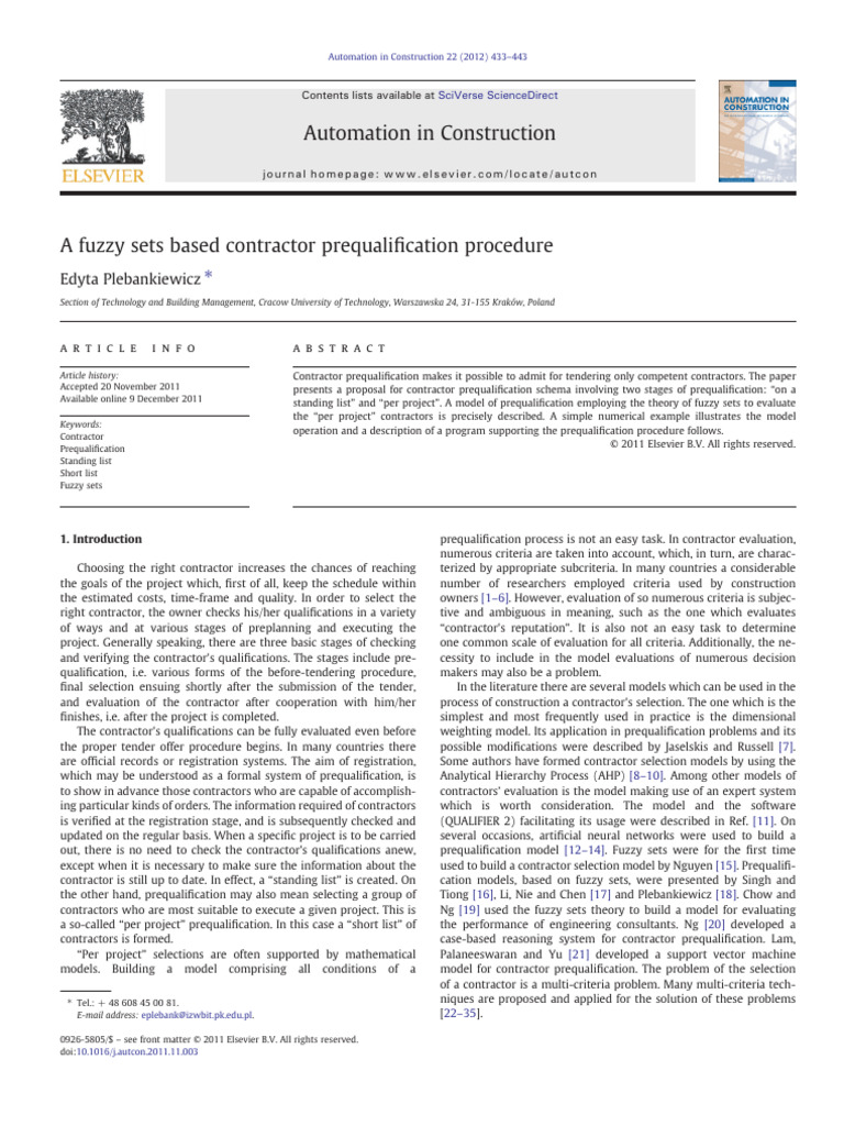 Fuzzy Sets in Contractor Prequalification | PDF | Conceptual Model