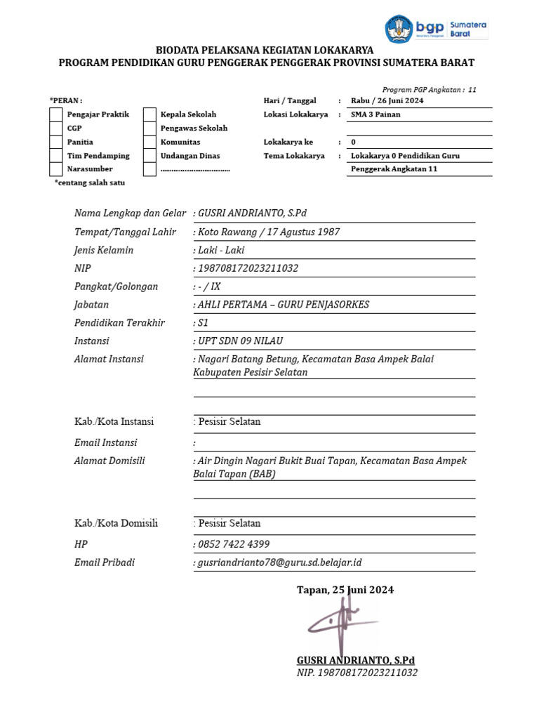 Blanko BIODATA Peserta Lokakarya PGP 2024-L-0 | PDF