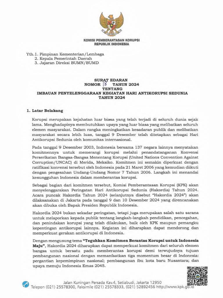 Surat Edaran KPK Nomor 18 Tahun 2024 Tentang Imbauan Penyelenggaraan ...
