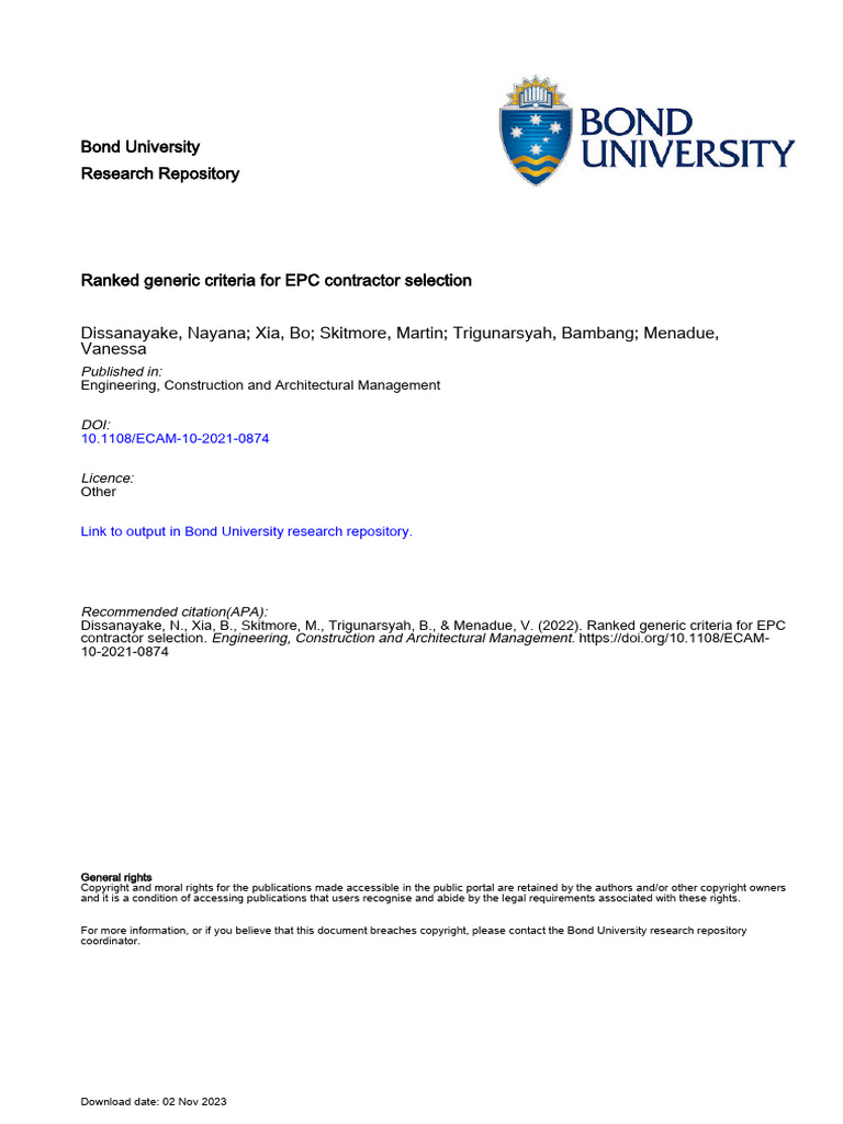2022-Ranked Generic Criteria For EPC Contractor Selection | PDF