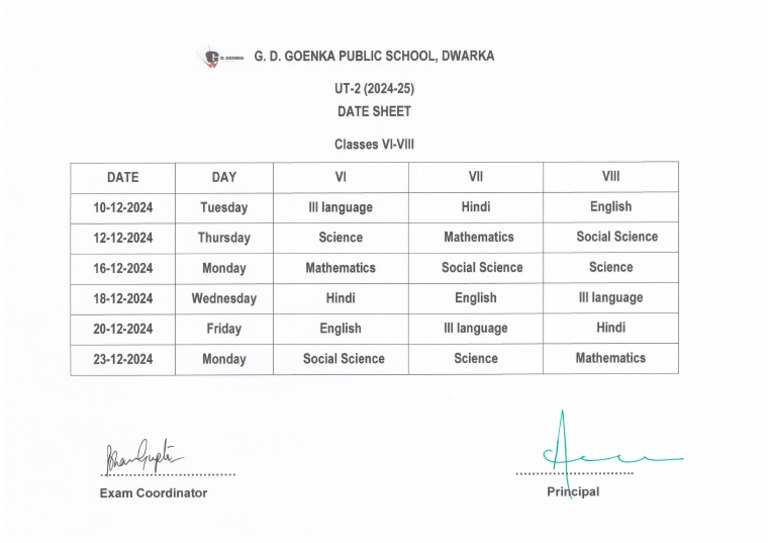 Classes 6-8 - UT-2 (2024-25) - Date-Sheet | PDF