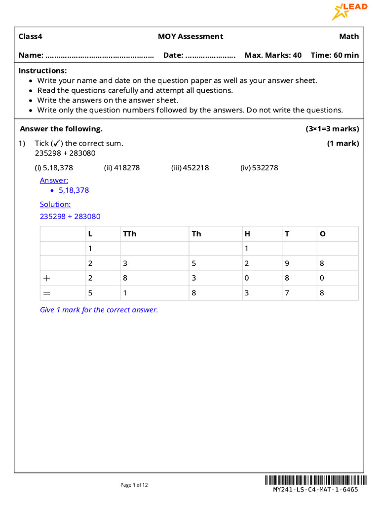 Class4 - Math - MOY - AnswerKey 6465 | PDF | Division (Mathematics) | Discrete Mathematics