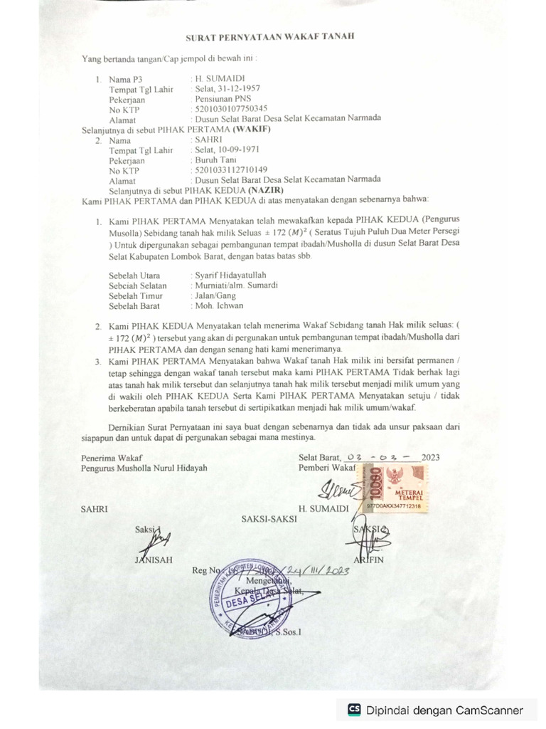 Surat Pernyataan Wakaf Tanah | PDF