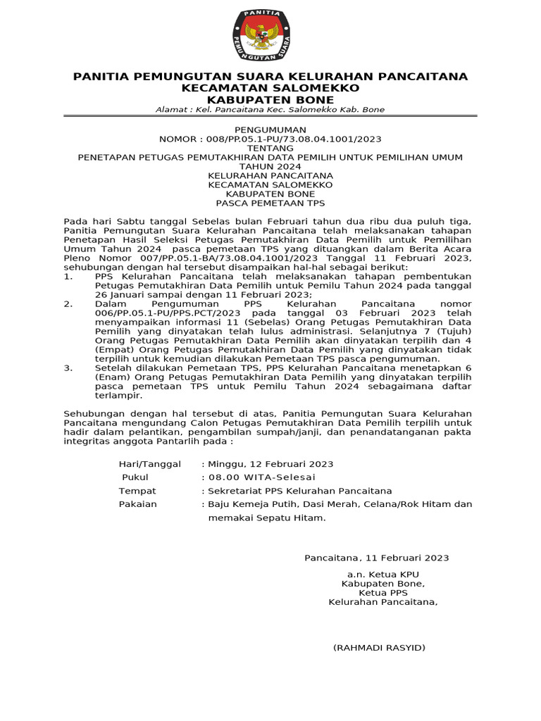 Pengumuman Hasil Pantarlih Pasca Pemetaan TPS | PDF