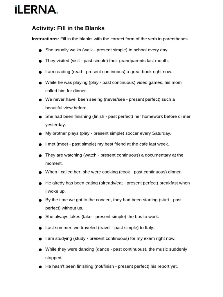 Activity verbal tense | PDF | Language Mechanics | Grammar