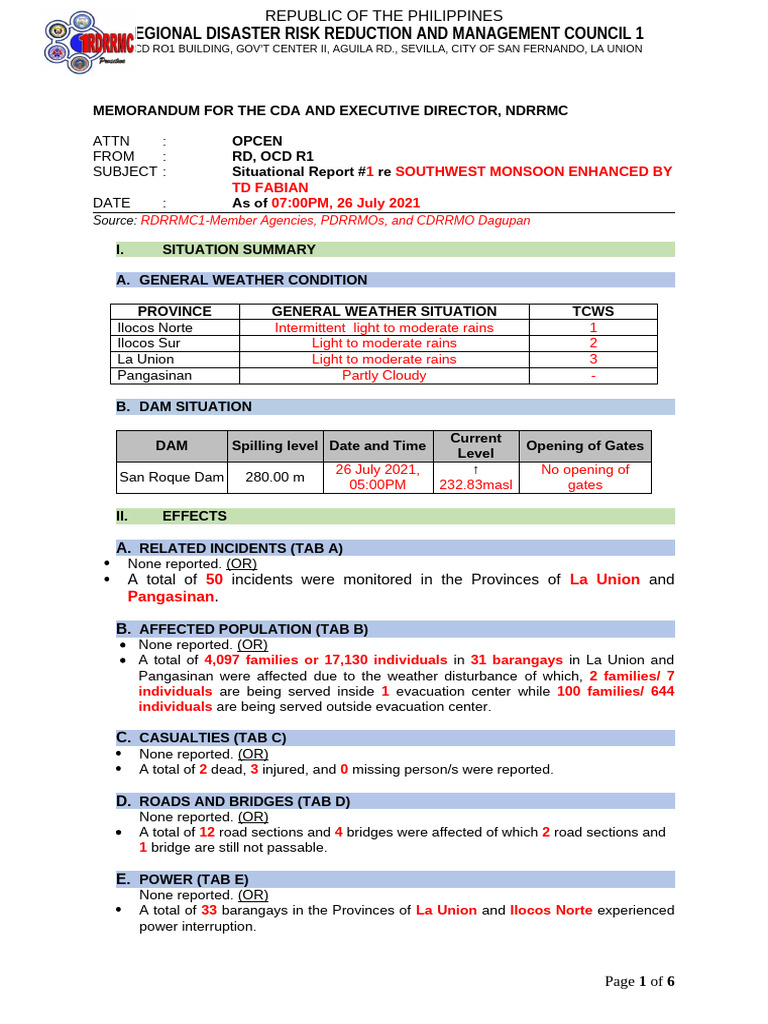 RDRRMC1 Situational Report Template - NMD v1.0 | PDF | Tropical ...