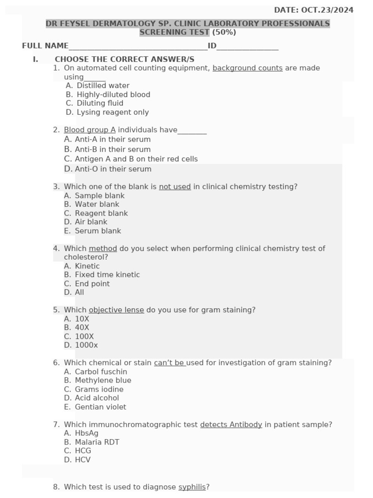 Dermatology Screening Test Questions | PDF | Self-Improvement