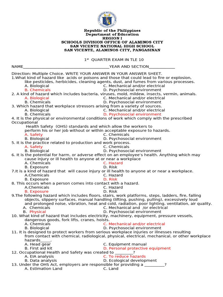 1st Quarter Exam in Tle 10 | PDF | Occupational Safety And Health | Hazards
