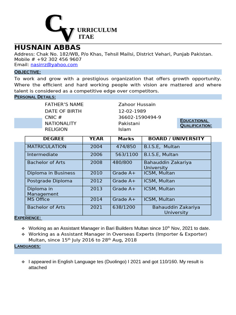 CV Husnain Abbas | PDF