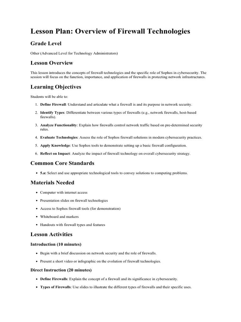 Lesson Plan - Overview of Firewall Technologies | PDF | Firewall (Computing) | Computer Security