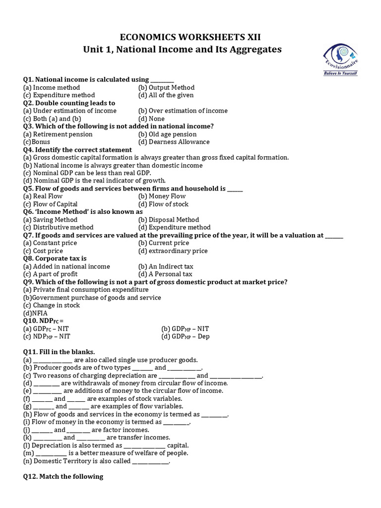 National Income Economics Worksheets XII | PDF | Gross Domestic Product ...