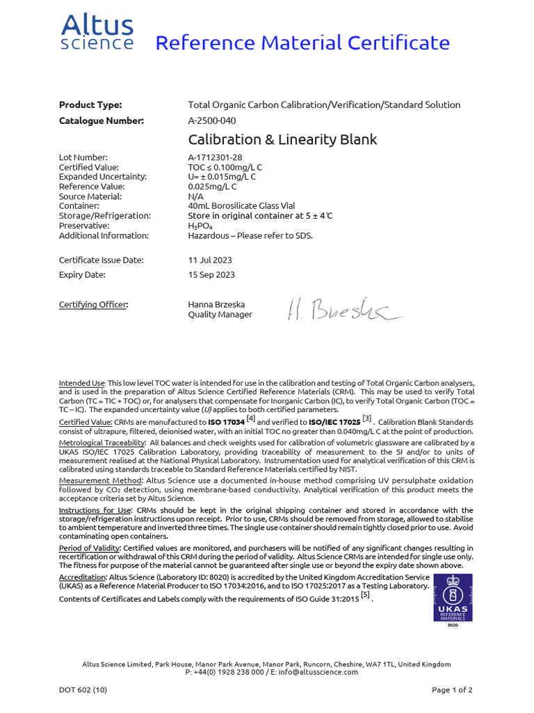 Blank Cal A1712301-28 40ml AP WEB | PDF | Calibration | Total Organic ...
