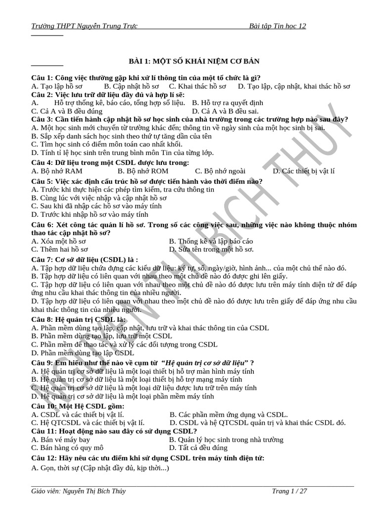 Ngan Hang Cau Hoi Tin Hoc 12 Dab8828342 | PDF