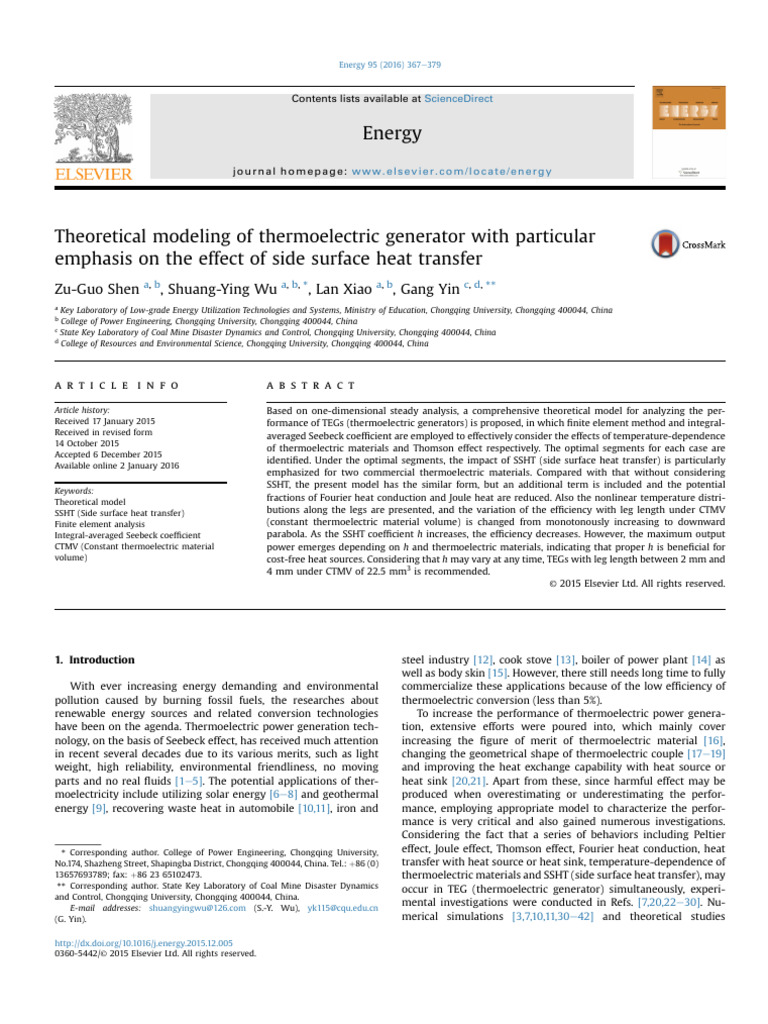 10 Theoretical Modeling of Thermoelectric Generator With Particular Emphasis On The Effect of ...