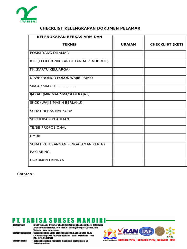 Checklist Dokumen Pelamar 2024 | PDF