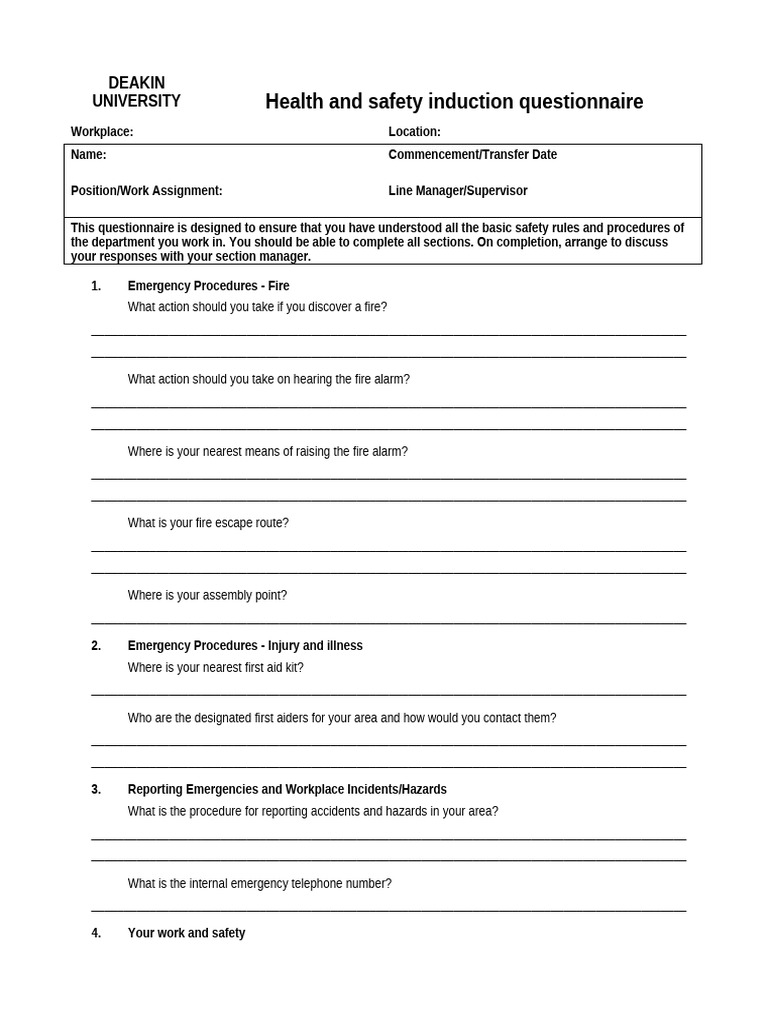 Health Safety Induction Questionnaire | PDF | Hazards | Dangerous Goods