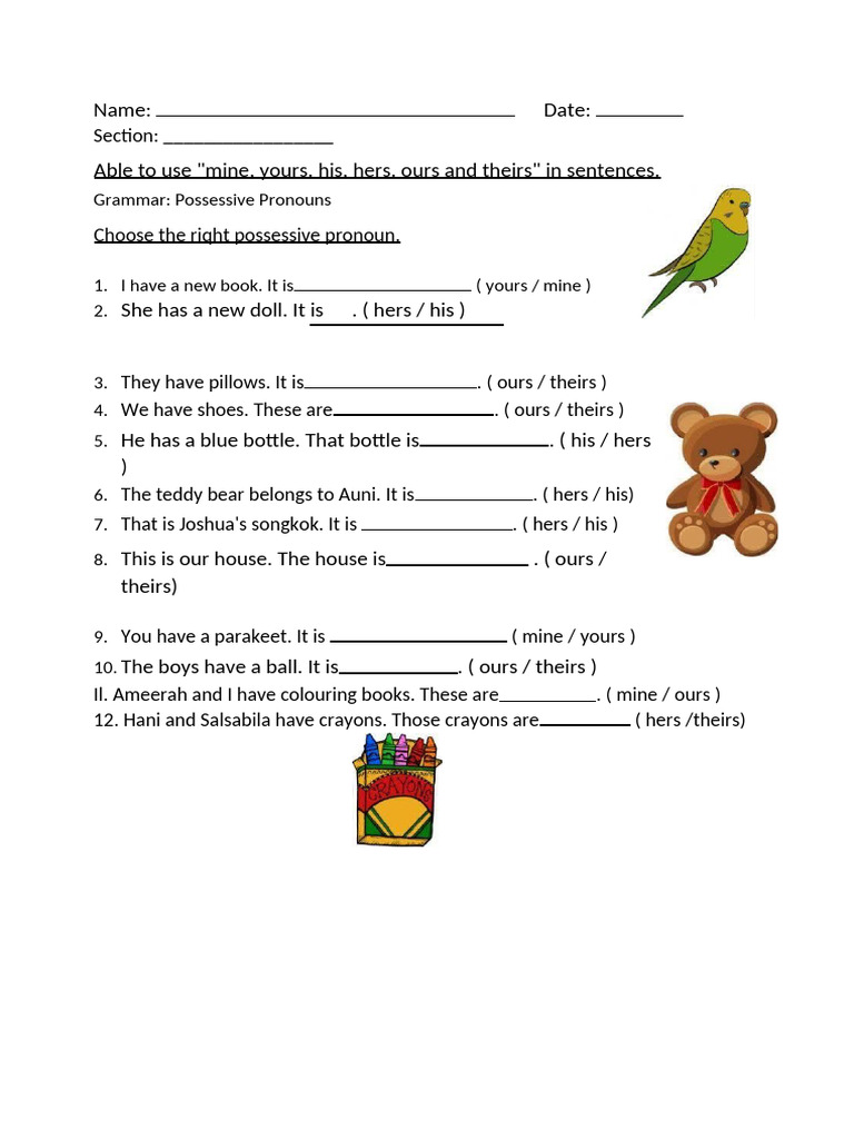 Grade 3 Possessive Pronouns Activity Sheets | PDF | Language Arts ...