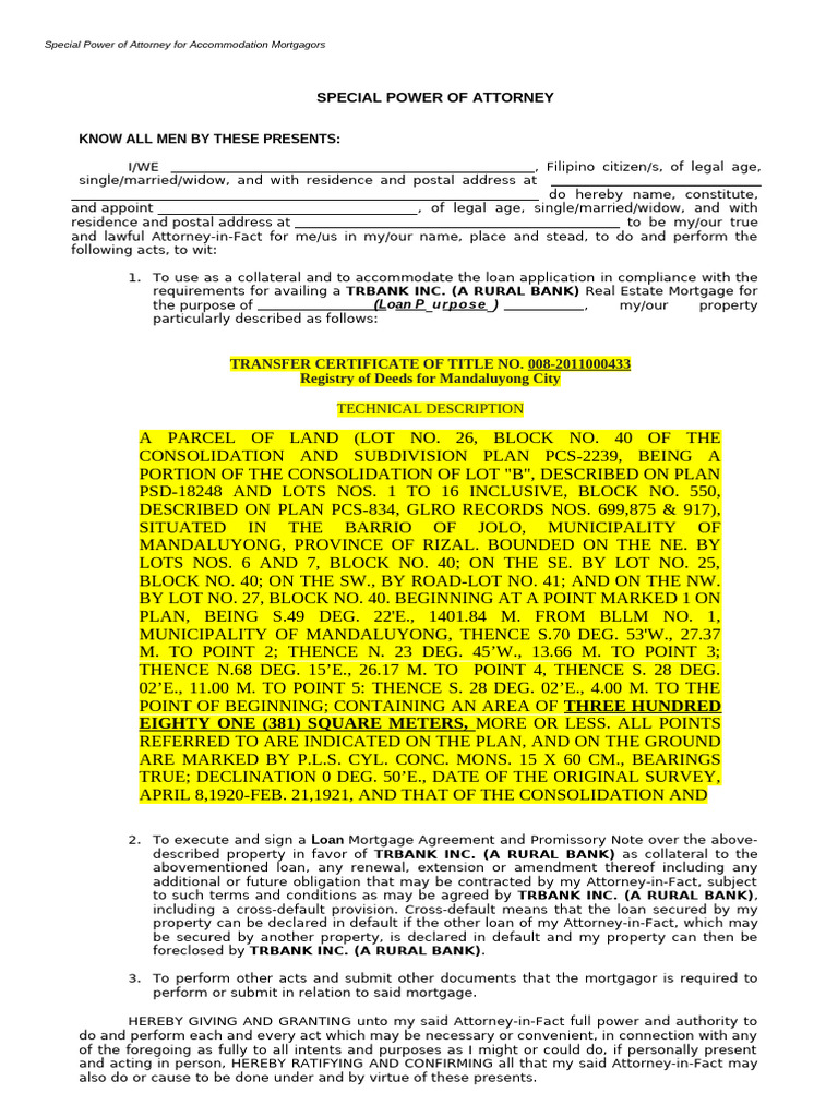 Spa Loan Accomodation - Indiv. | PDF | Mortgage Law | Power Of Attorney