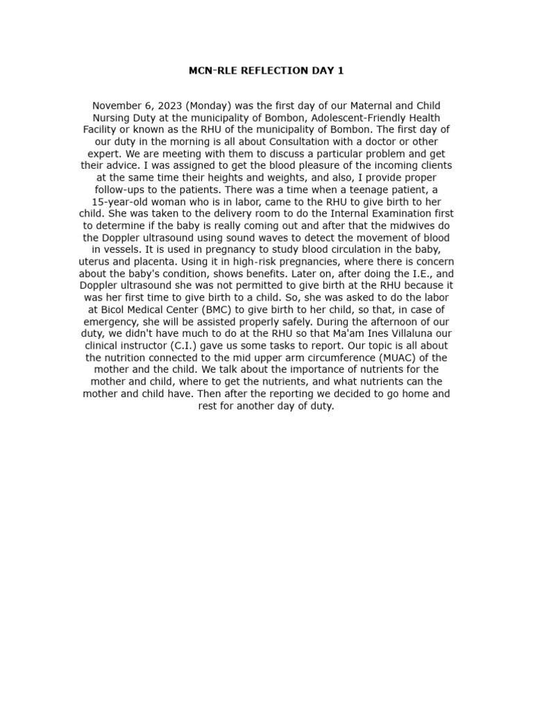 Mcn-Rle Duty Reflections | PDF | Pregnancy | Prenatal Development