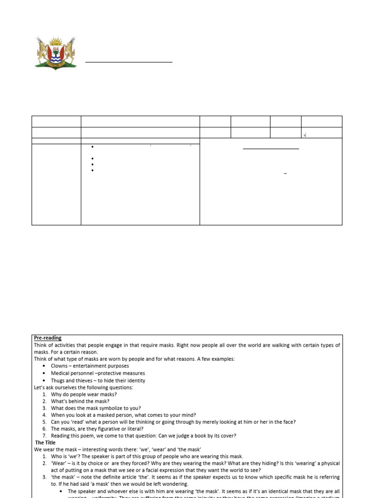 ENGLISH HL GRADE 11 Worksheet We Wear The Mask | PDF | Poetry | Deception