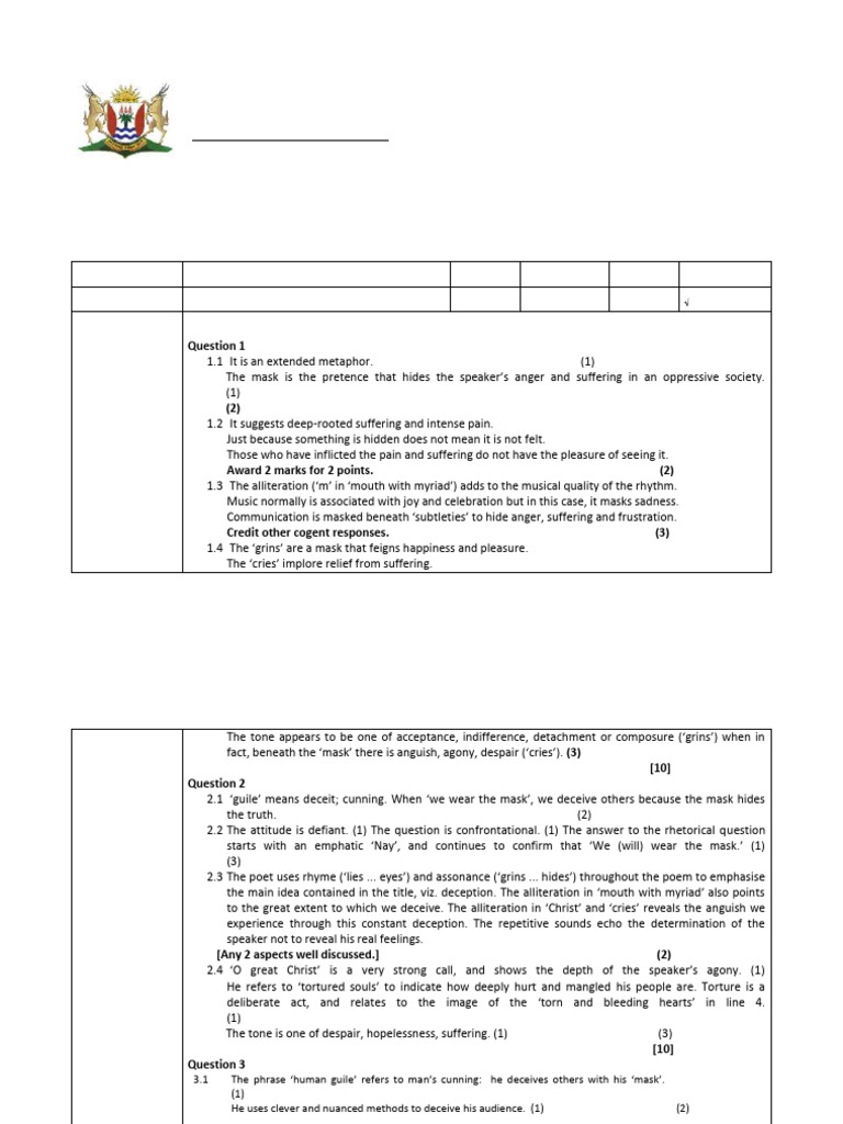 Grade 11 English Worksheet: We Wear the Mask | PDF | Language Arts ...