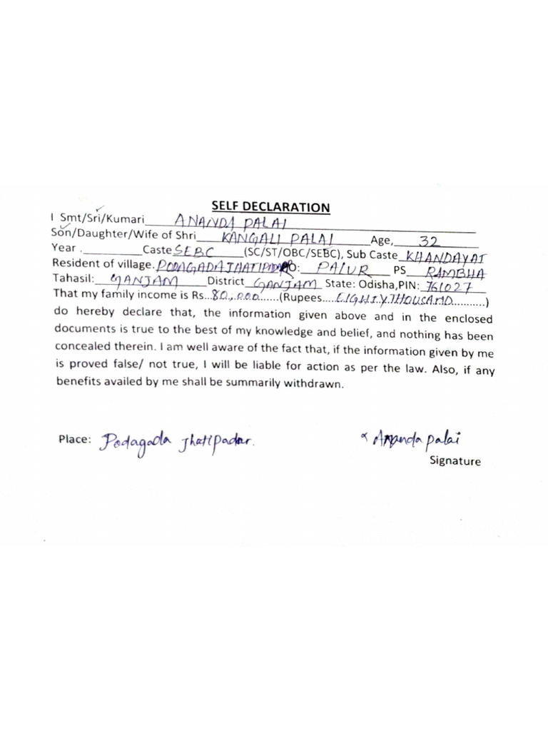 Ananda Self Delcarion Caste | PDF