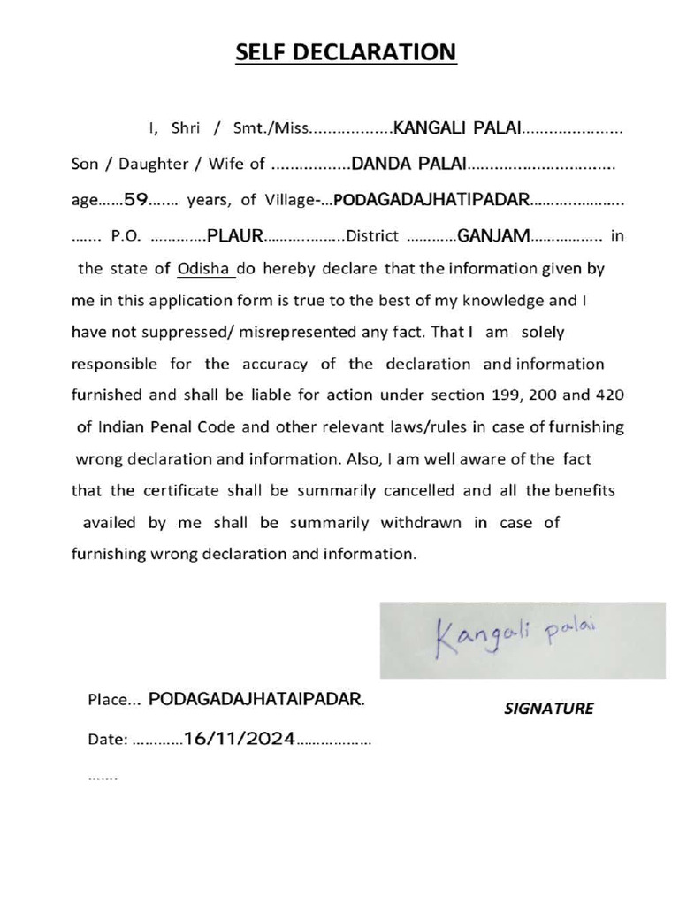 KANGALI Income Self Declaration | PDF