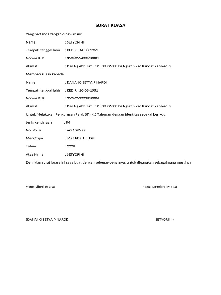 Contoh Surat Kuasa Perpanjangan STNK | PDF