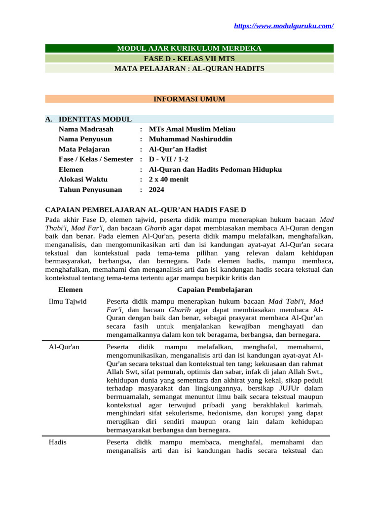 Modul Ajar Al-Qur'an Hadis Kelas 7 Bab 1 | PDF