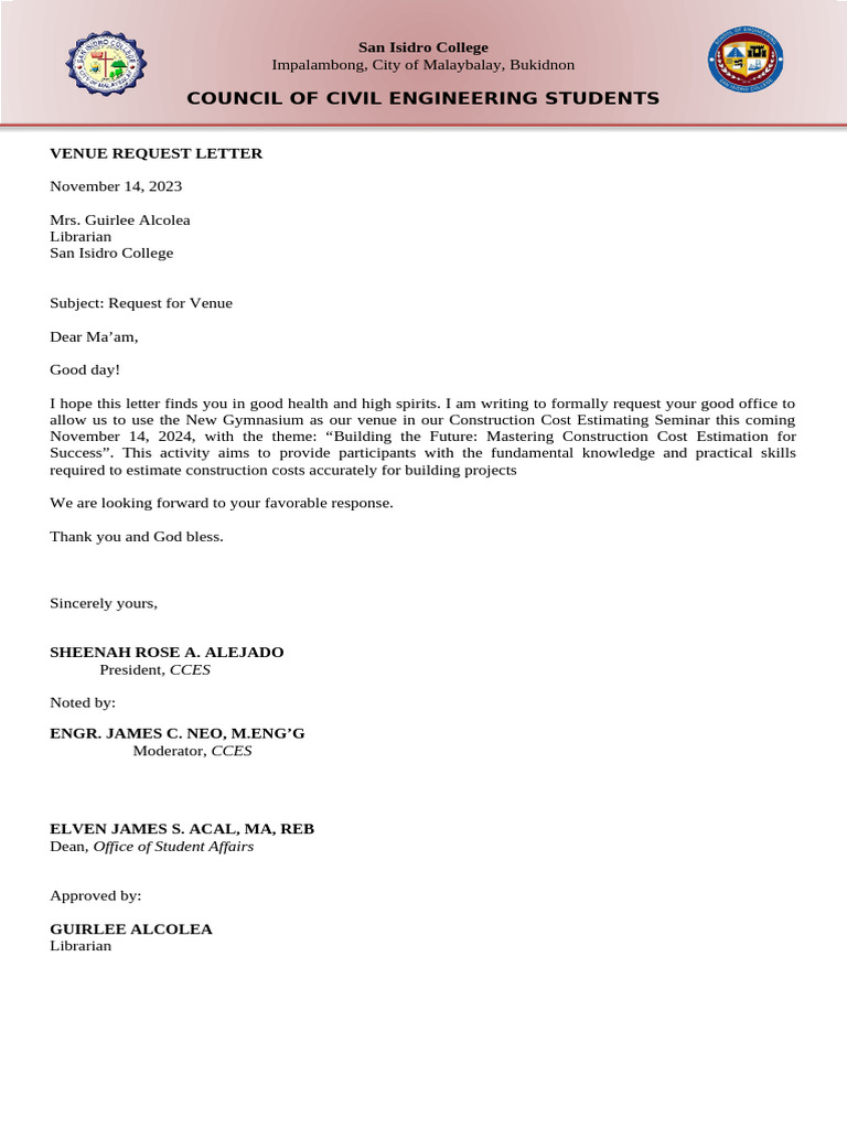 Venue Request Letter Form | PDF | Career & Growth