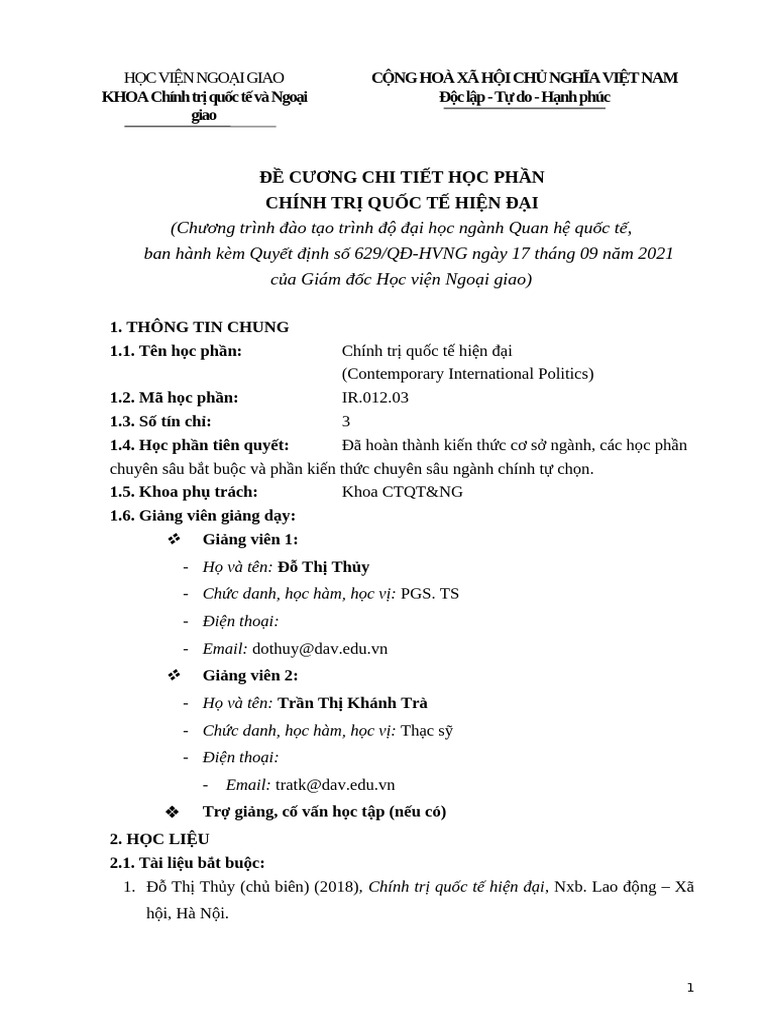 De Cuong Chi Tiet Chinh Tri Quoc Te Hien Dai CLC | PDF