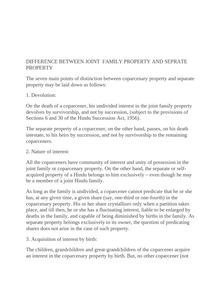 Difference Between Joint Family Property and Seprate Property | PDF ...