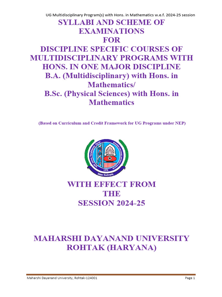 UG Multidisciplinary Programs With Hons. in Mathematics | PDF | Matrix (Mathematics ...