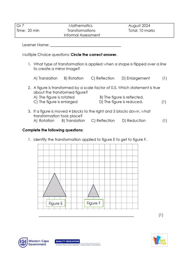 Transformations Assessment for Gr 7 | PDF