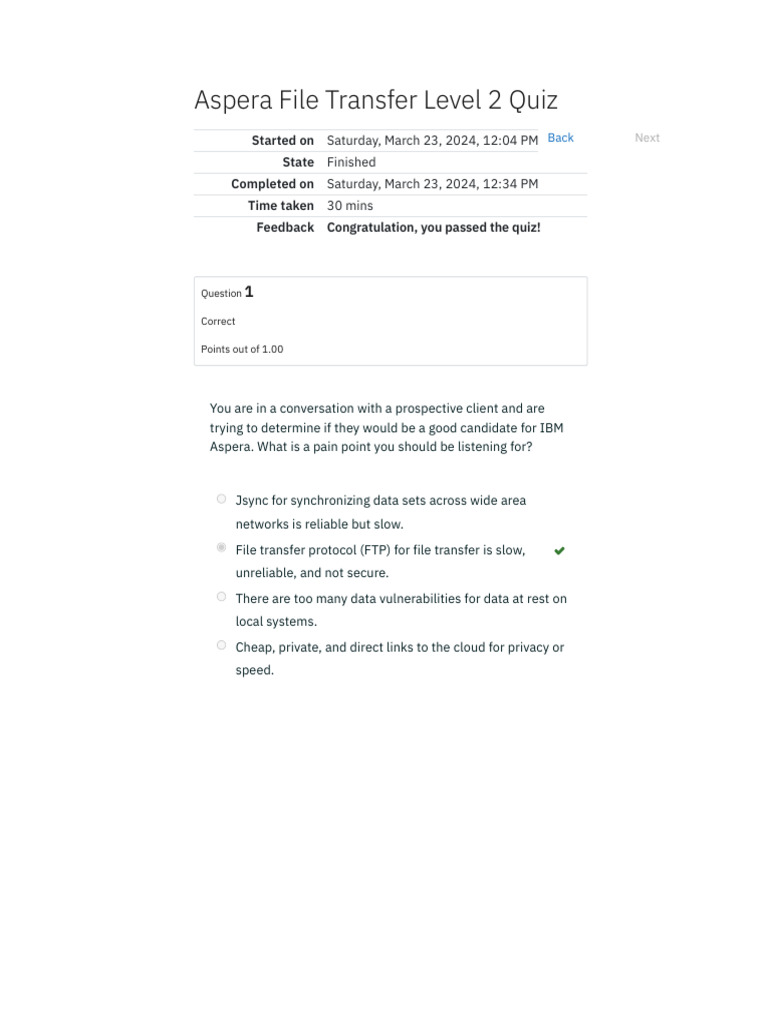 Aspera File Transfer Level 2 Quiz Attempt Review PDF | PDF | Cloud Computing | Streaming Media