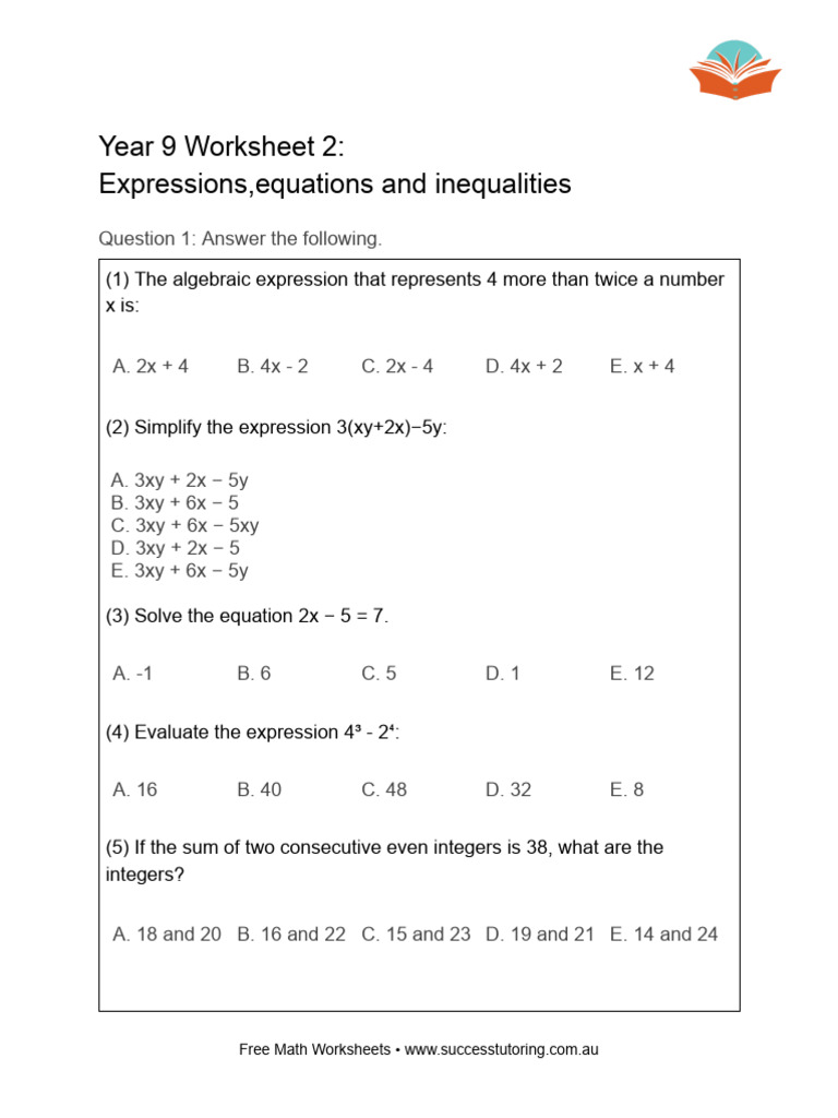 Year 9 Worksheet 2 - Expressionsequations and Inequalities | PDF ...